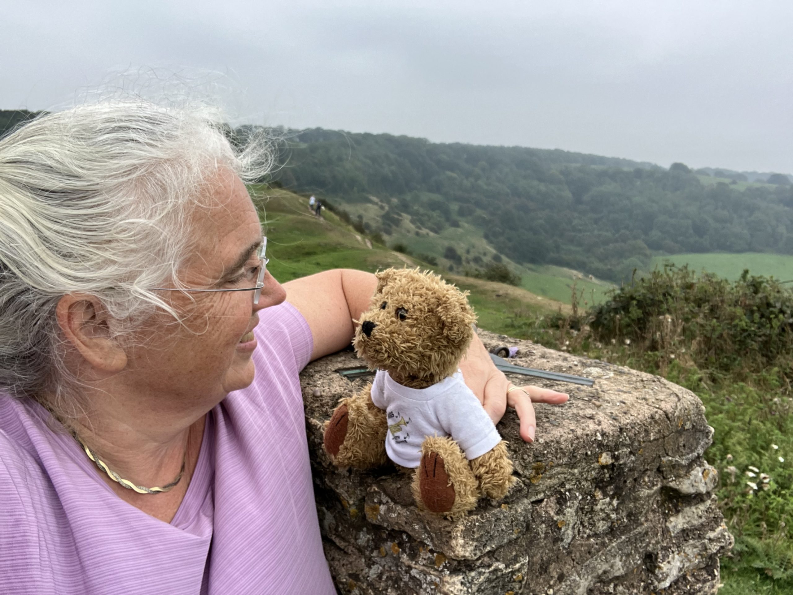 Linda Somers and Miles the teddy bear - Cotswolds National Landscape